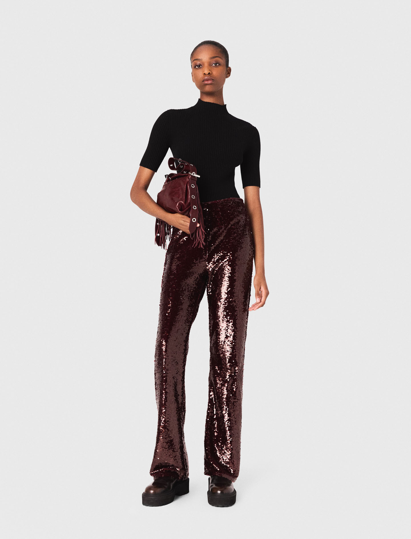 Sequin-embroidered trousers Burgundy for Women | Maje